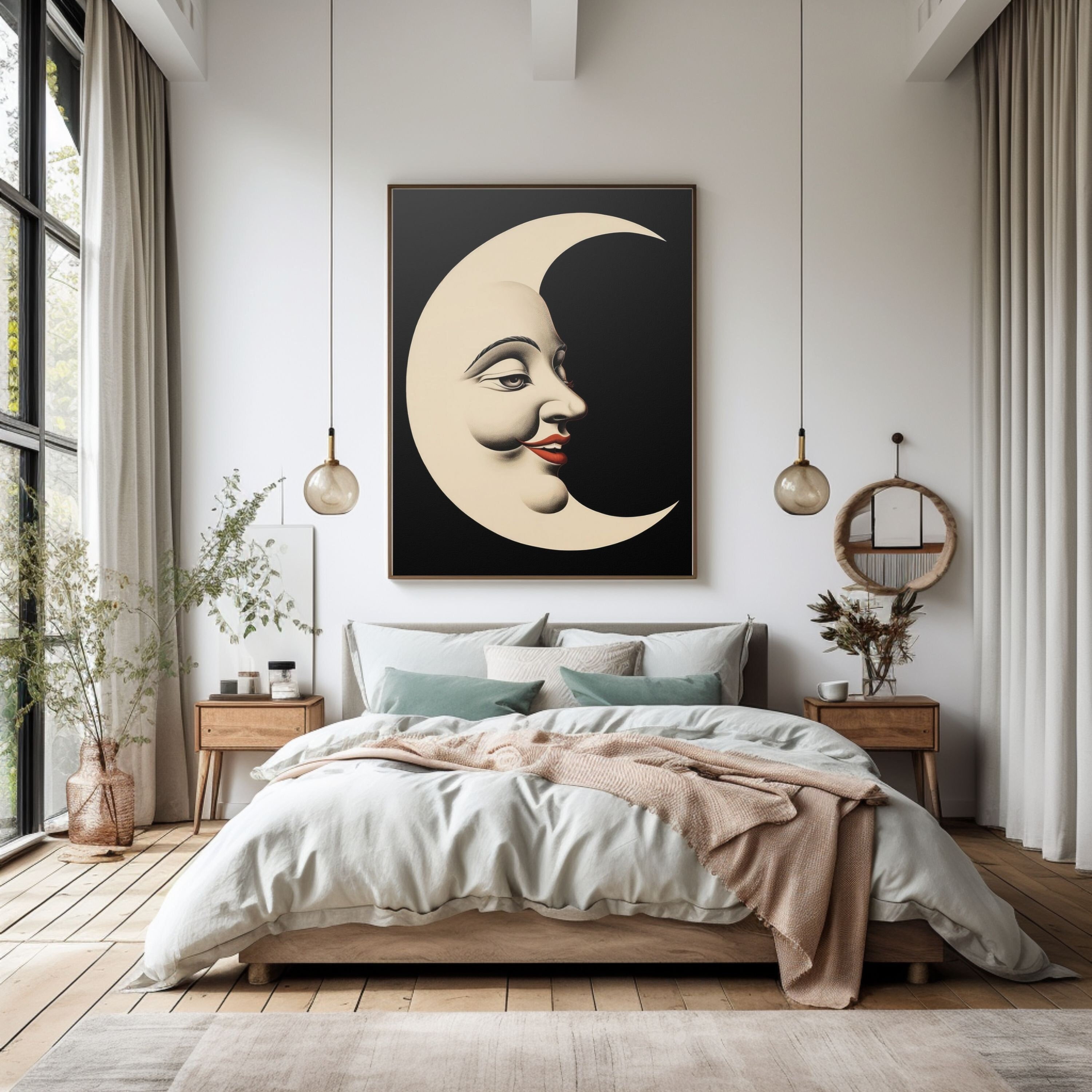 Smiling Crescent Moon Wall Art, Retro Moon Poster, Vintage Wall Art - Etsy