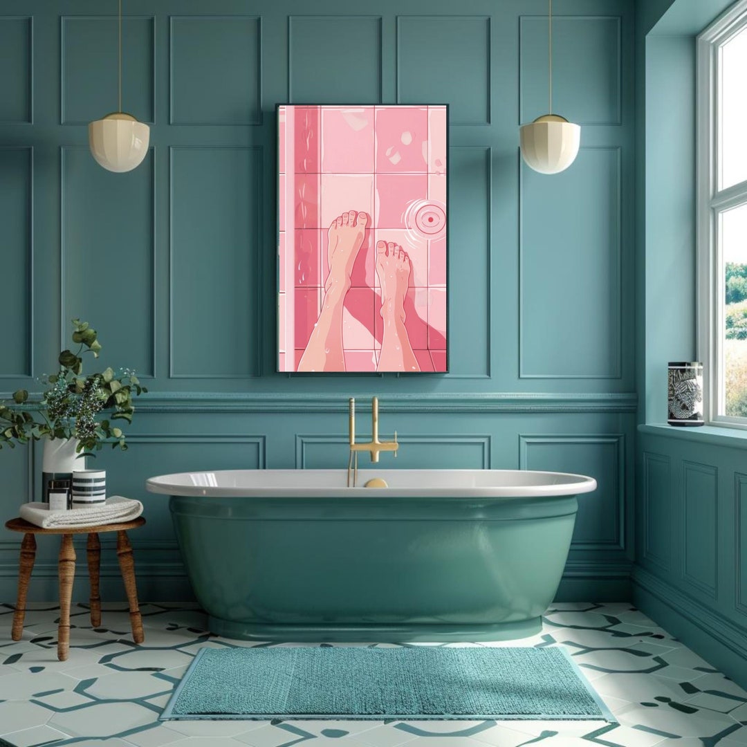 Feet in a Pink Shower Bathroom Wall Art Shower Illustration Shower ...