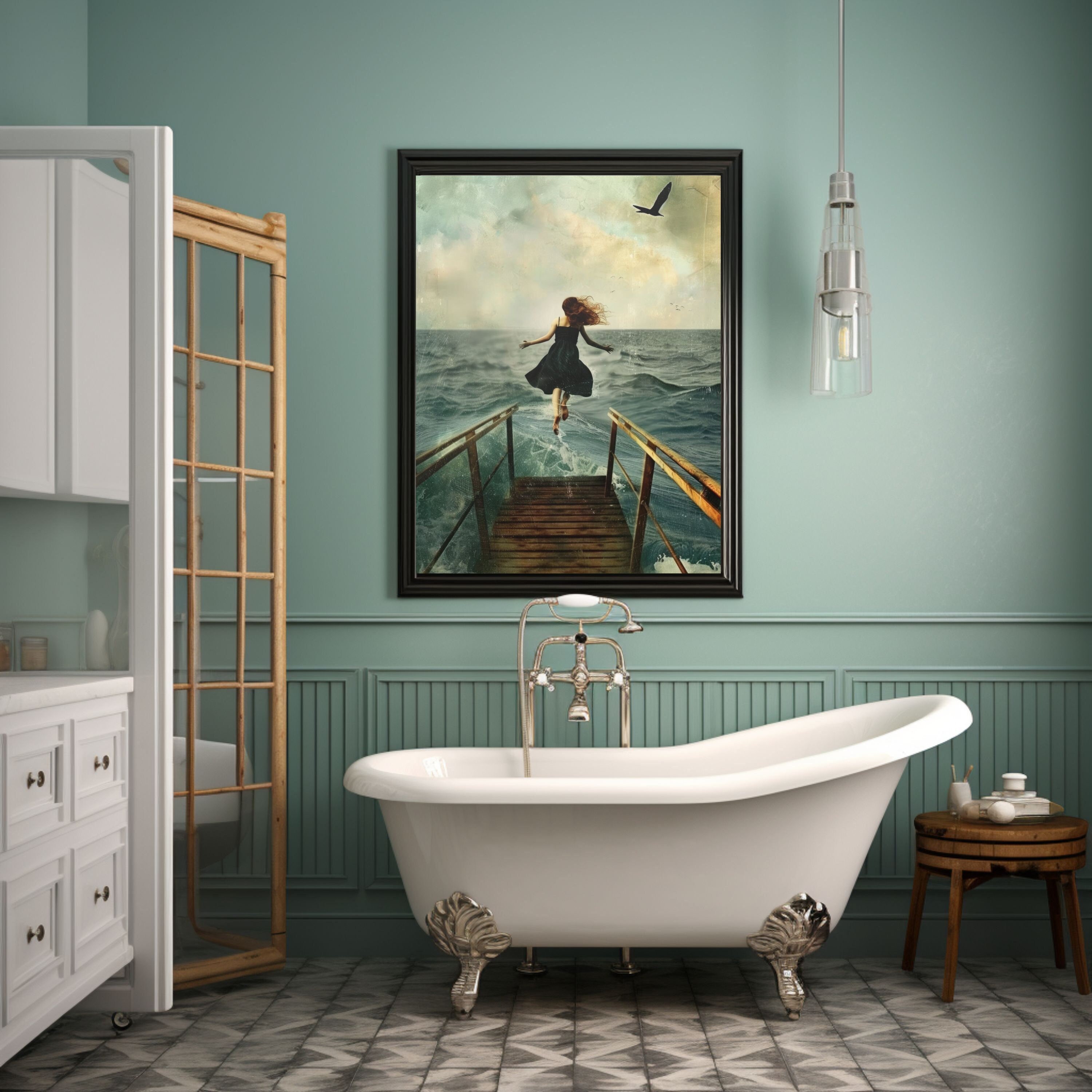 Girl Jumping Into Ocean Wall Art Sea Painting Woman Diving Into Water ...