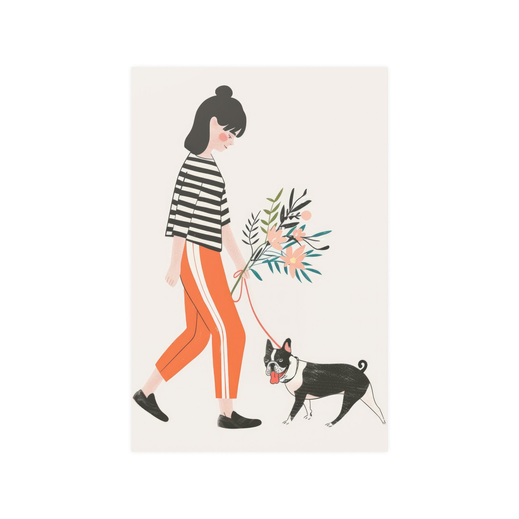 Girl Walking Her Dog Holding Flowers Wall Art Cute Dog Poster Farmers Market Art Dog Flowers ...