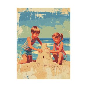 Beach Kids Wall Art, Sand Castle Poster, Retro Beach Wall Art, Beach ...
