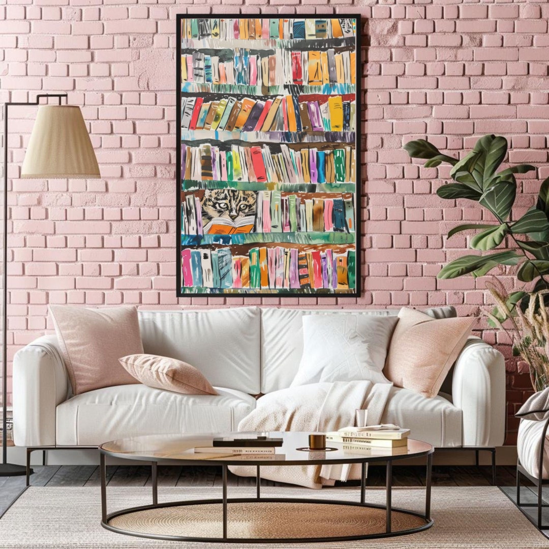 Library Wall Art Cat Reading a Book Poster Funny Cat Wall Art Cute ...