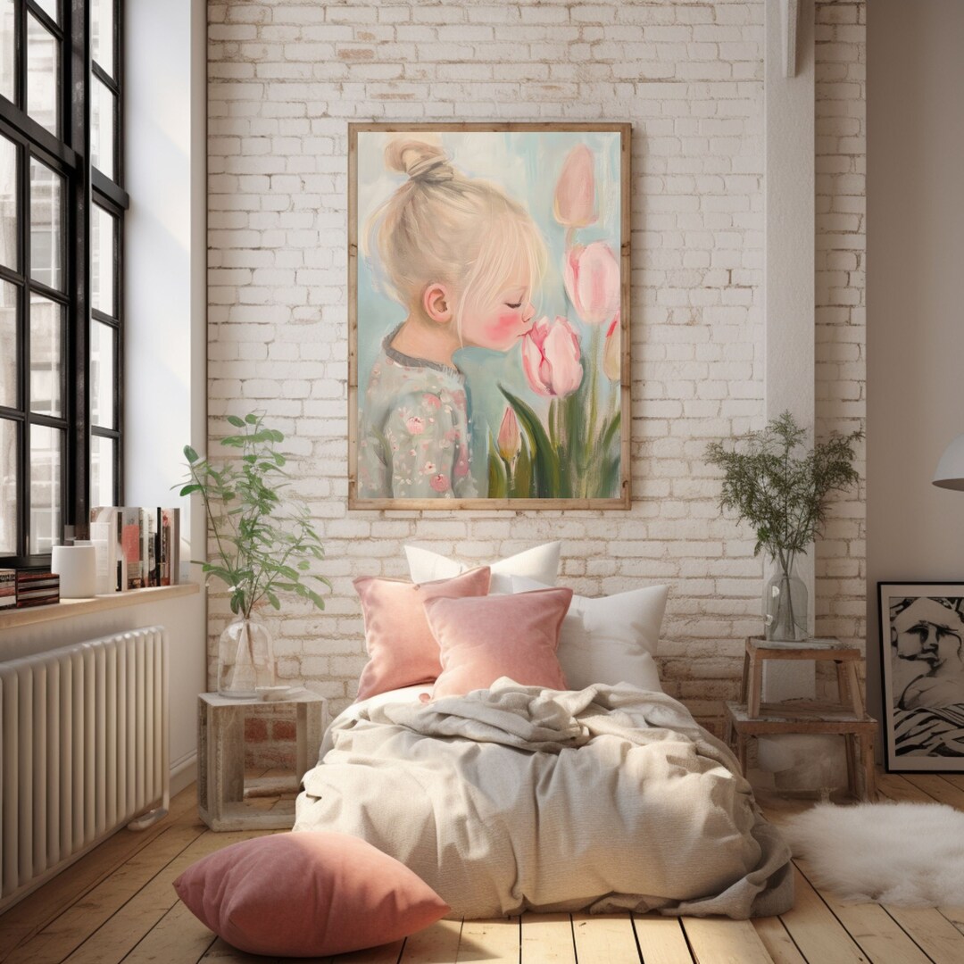 Girl Smelling Tulips Wall Art Oil Painting Print Pastel Pink Flowers ...