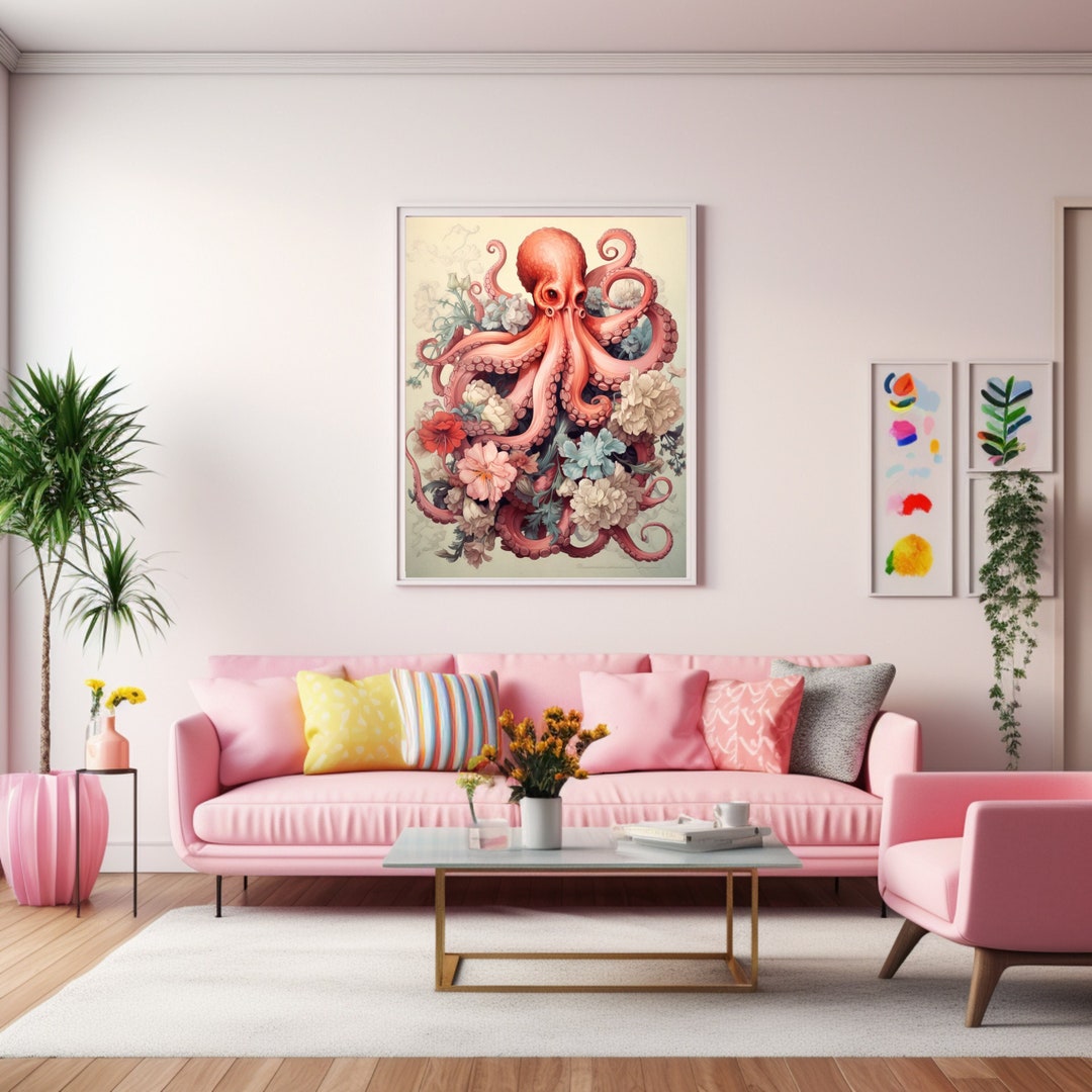 Digital Printable Vintage Octopus Art Poster, Octopus With Flowers ...