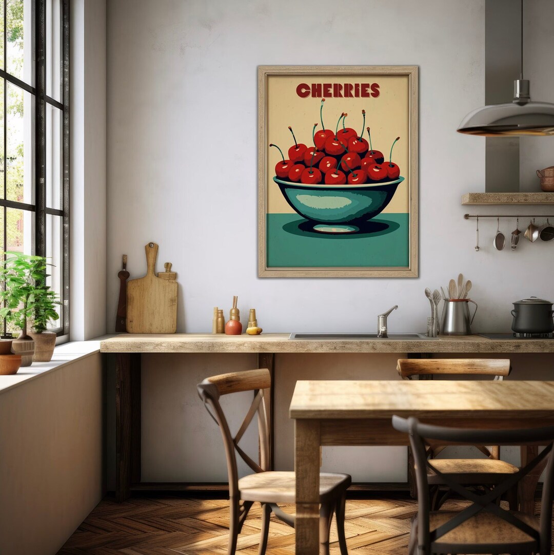 Cherries Wall Art Retro Art Poster of Cherries in Bowl, Vintage ...