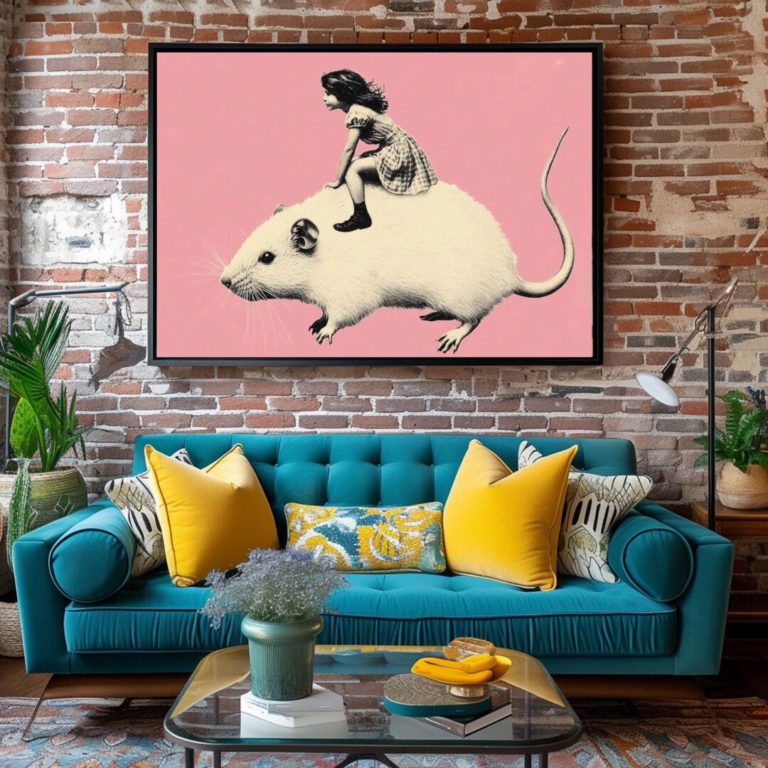 Girl Mouse Collage, Girl Riding White Mouse Wall Art, Cute Mouse Poster ...