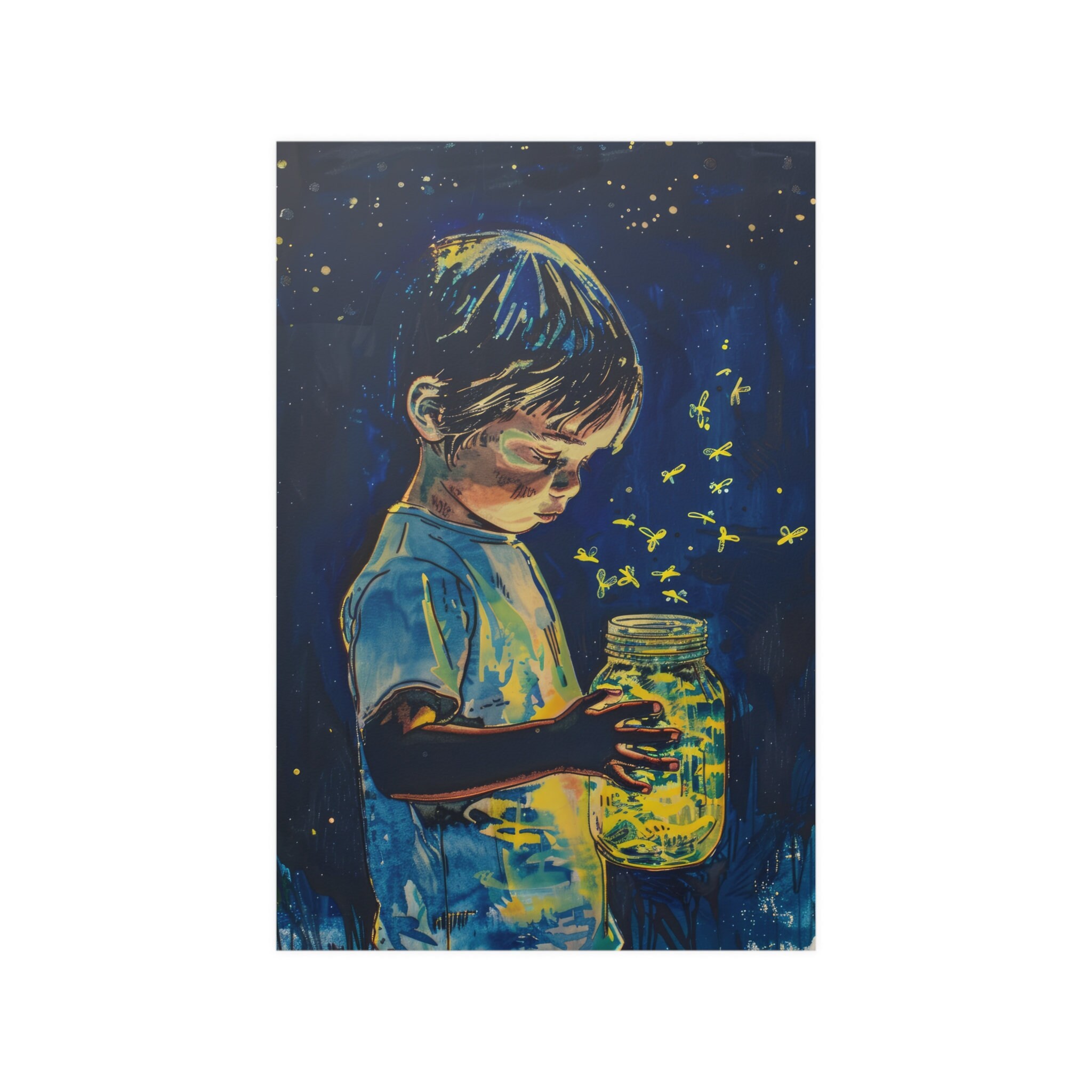 Little Boy and His Fireflies Gouache Painting Print Fireflies Wall Art ...