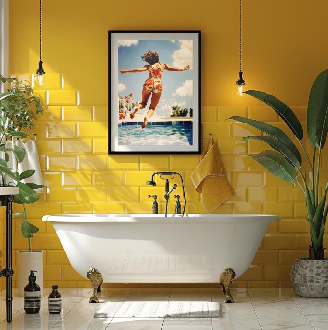 Swimming Pool Wall Art Water Jump Poster Retro Summer Print Vintage ...