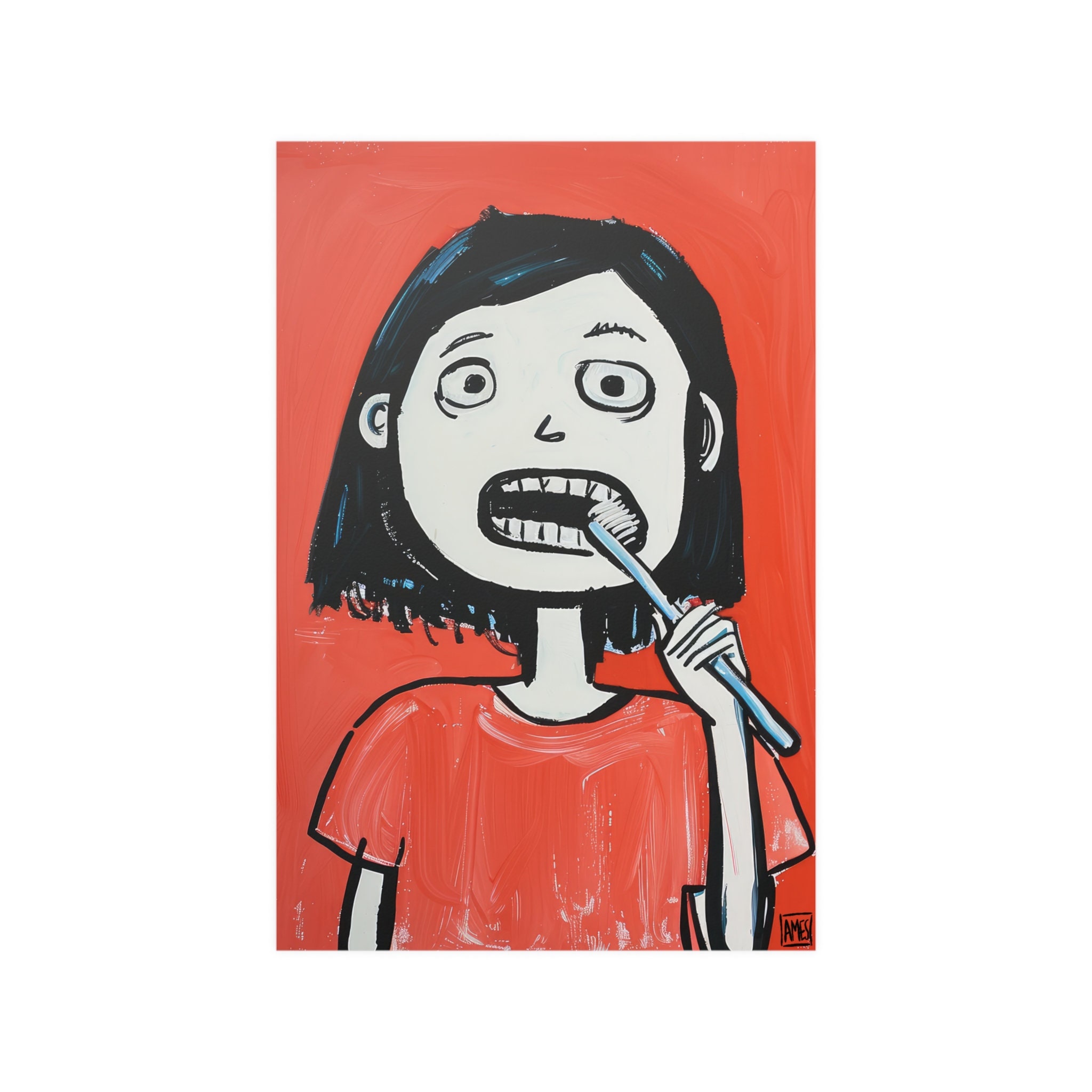 Funny Teeth Brushing Wall Art Brush Teeth Poster Cute Girl Brushing ...