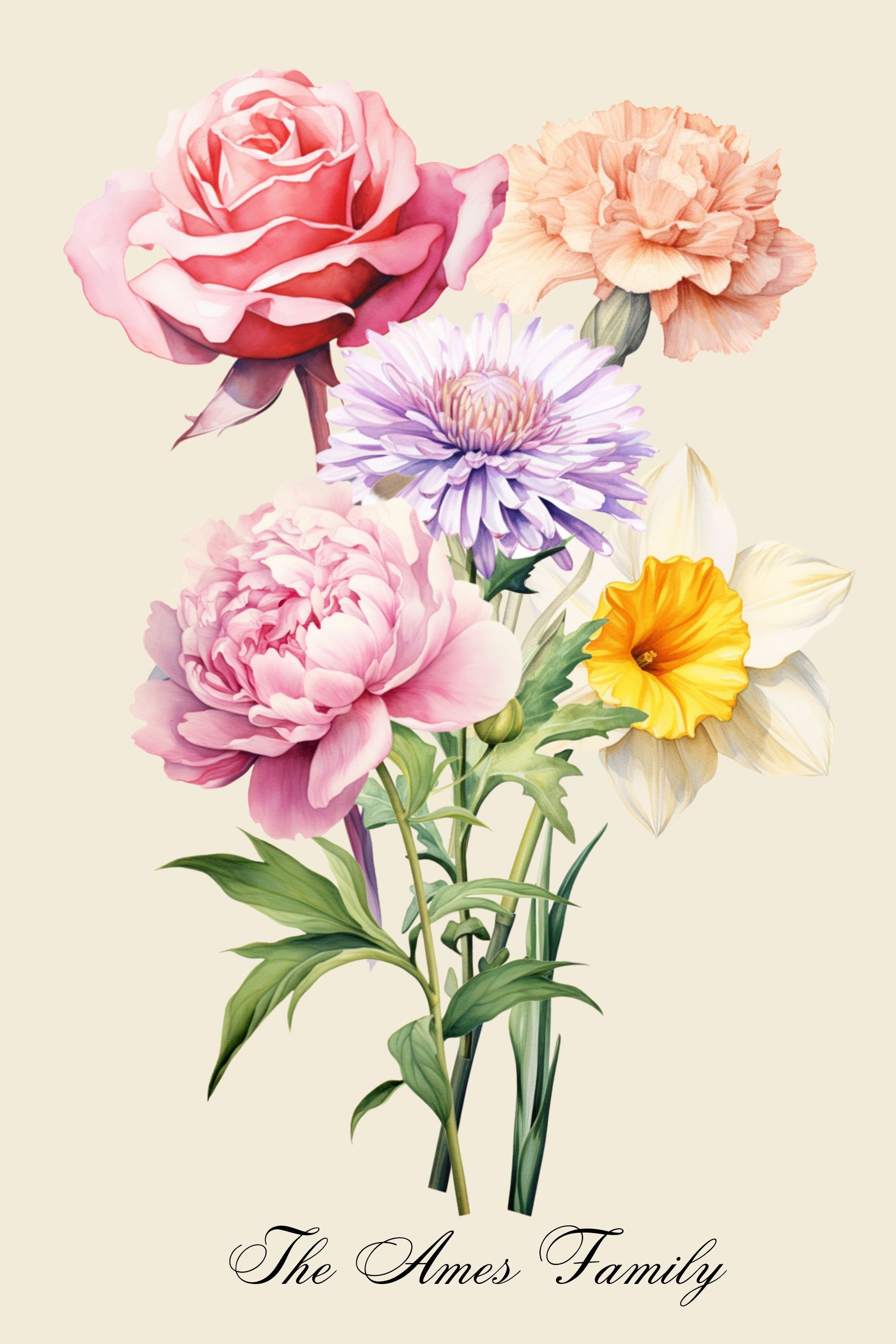 Custom Family Flower Bouquet, Birth Flower Family Bouquet Custom ...