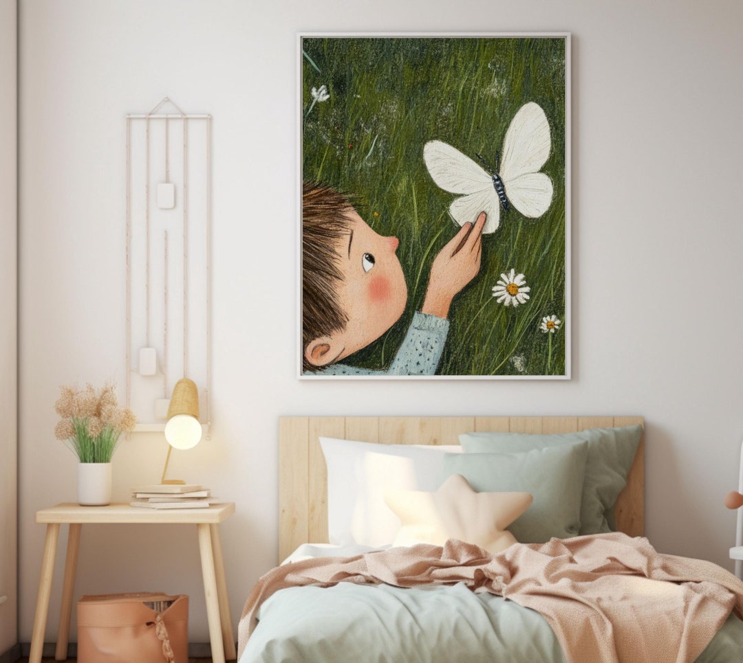 A Boy and a White Butterfly Oil Painting Reproduction Print, Children's ...