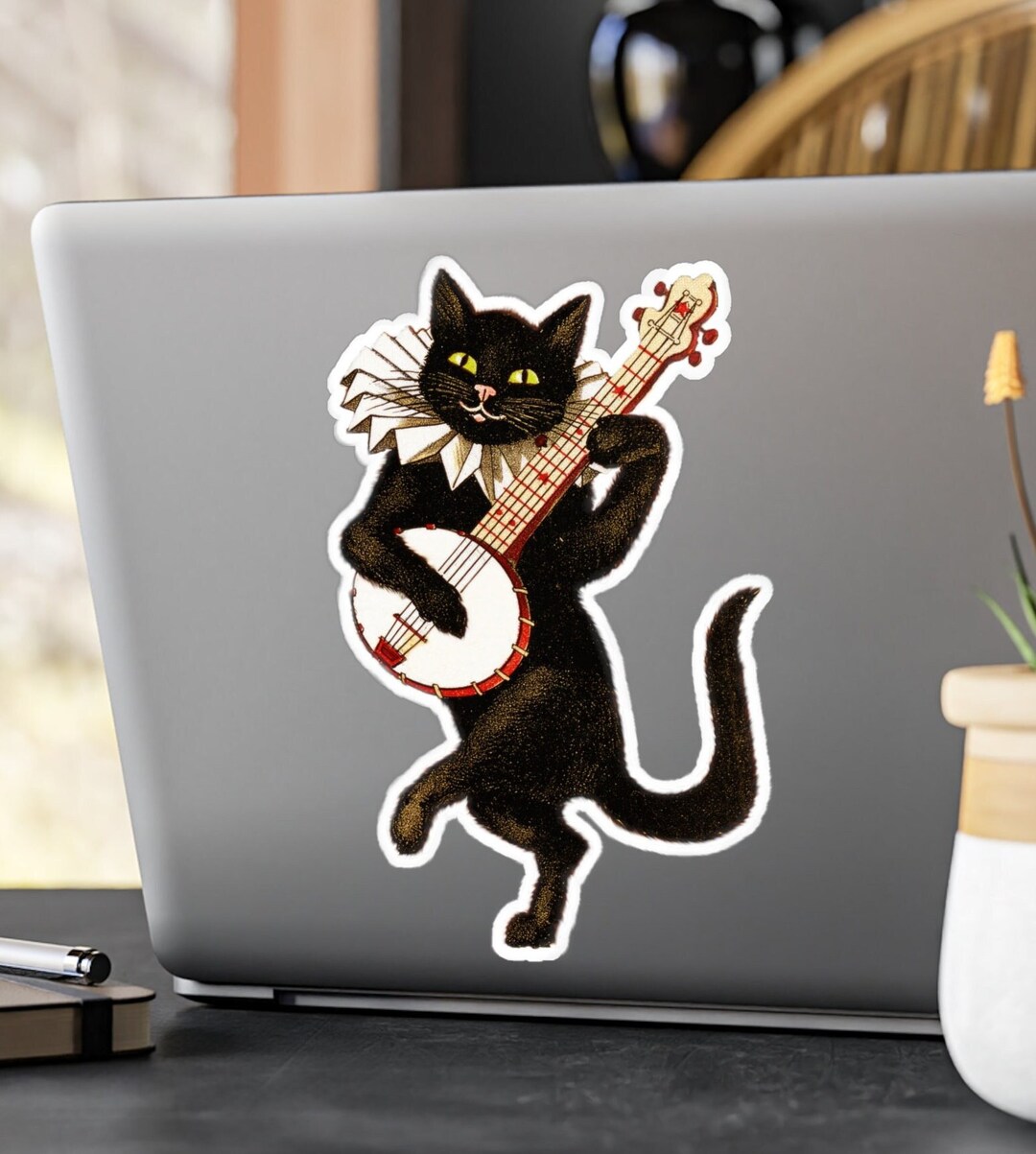Retro Cat Decal Sticker Vintage Cat With Guitar Ukulele Cat Sticker - Etsy