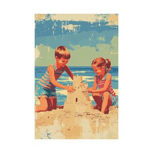 Beach Kids Wall Art, Sand Castle Poster, Retro Beach Wall Art, Beach ...