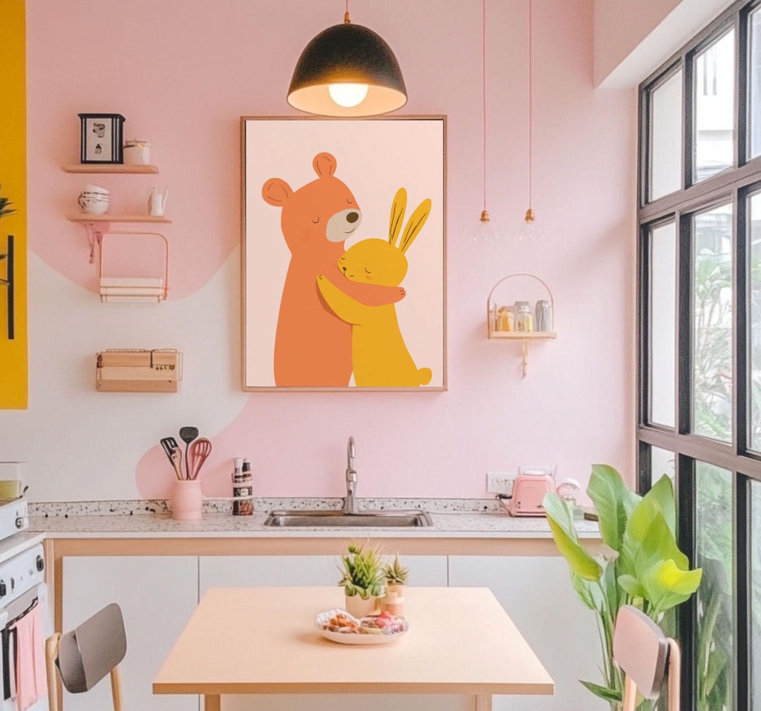 Cute Animal Hug Wall Art, Whimsical Wall Art, Nursery Decor, Kids' Room ...