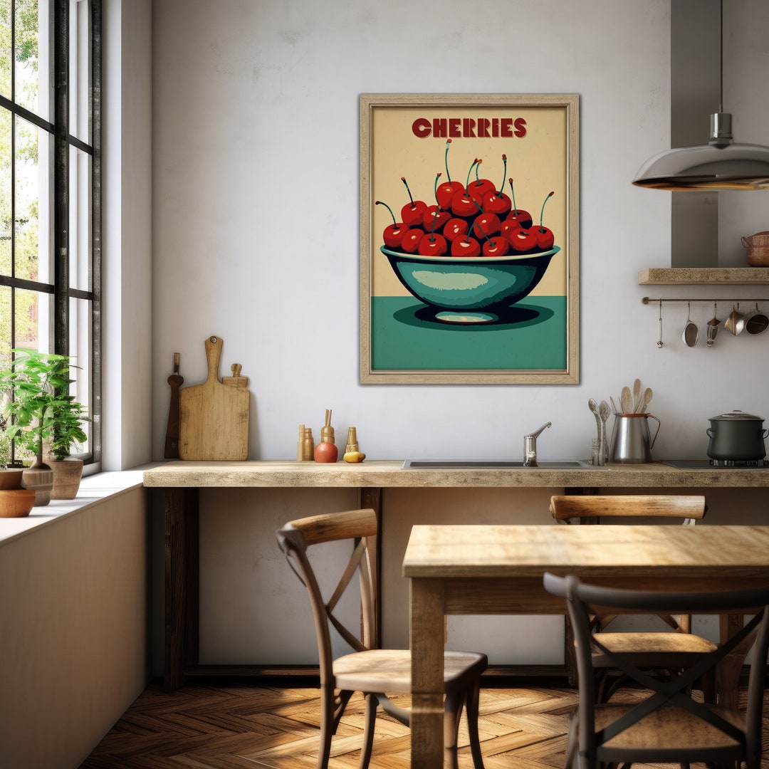 Printable Digital Cherries Retro Art Poster of Cherries in Bowl ...