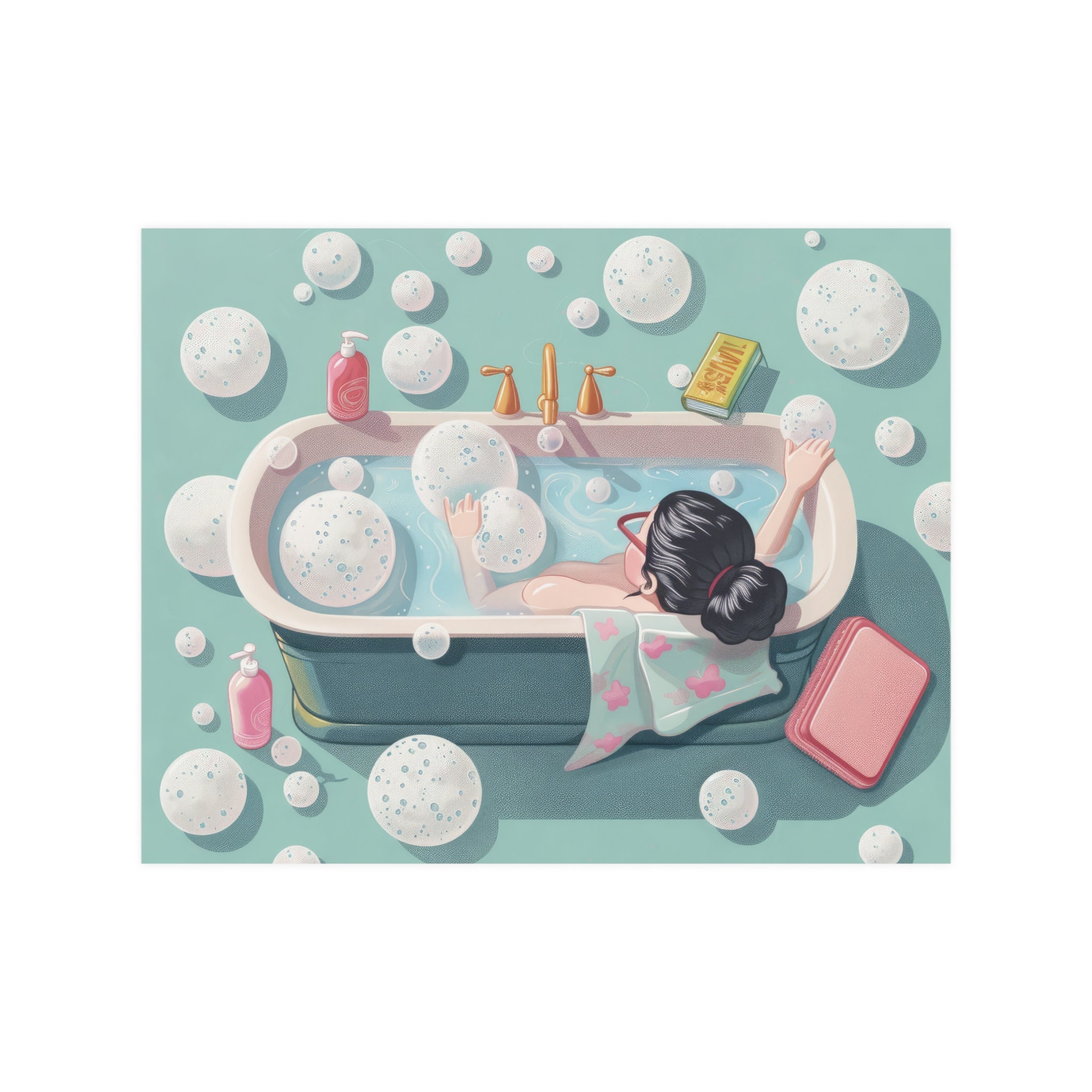 Kawaii Bath Tub Wall Art Cute Teal and Pink Wall Art Bathroom Art Girl ...