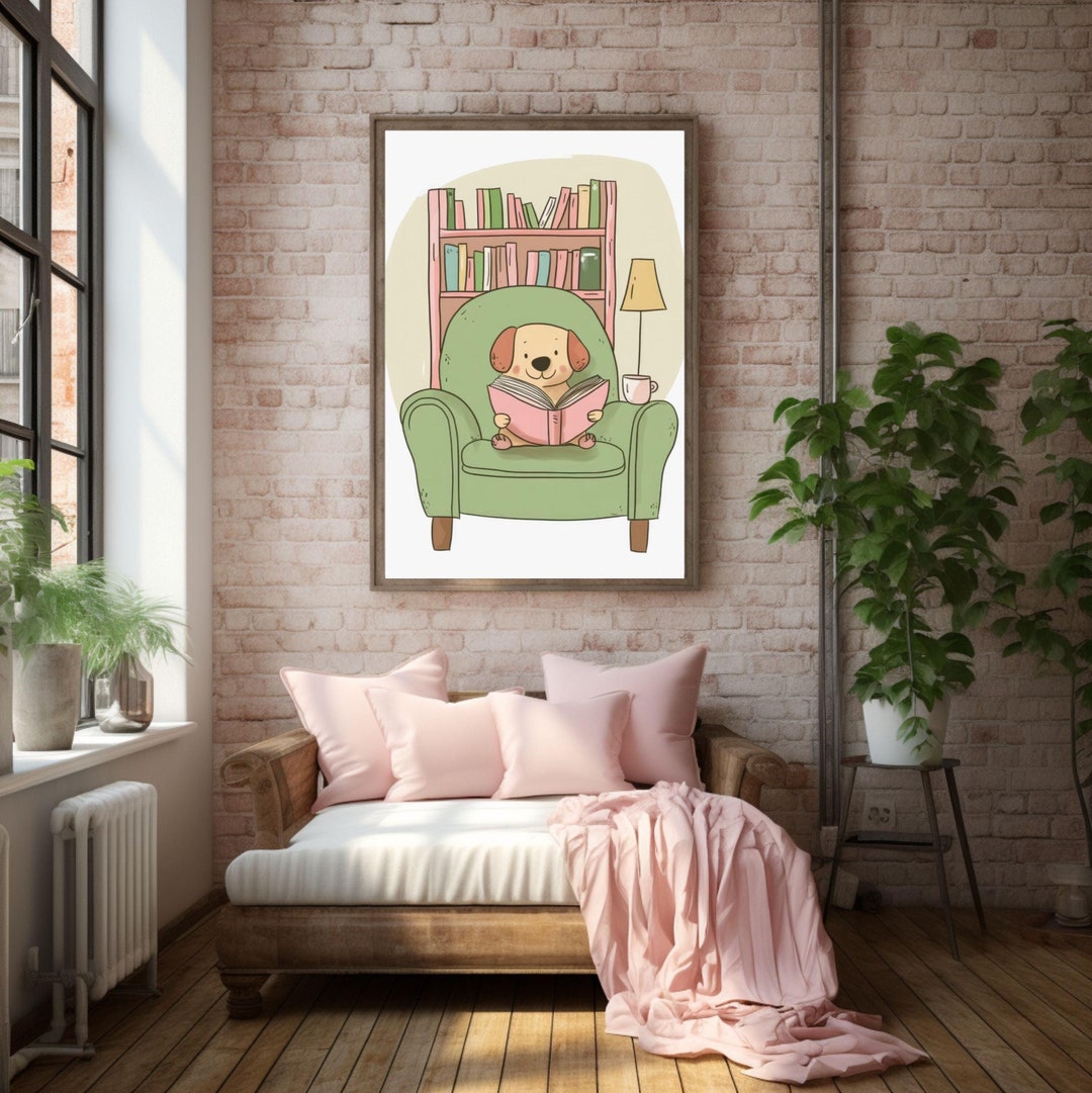 Cozy Dog Reading Wall Art, Puppy Wall Art, Pet Lover Gift, Cute Dog ...