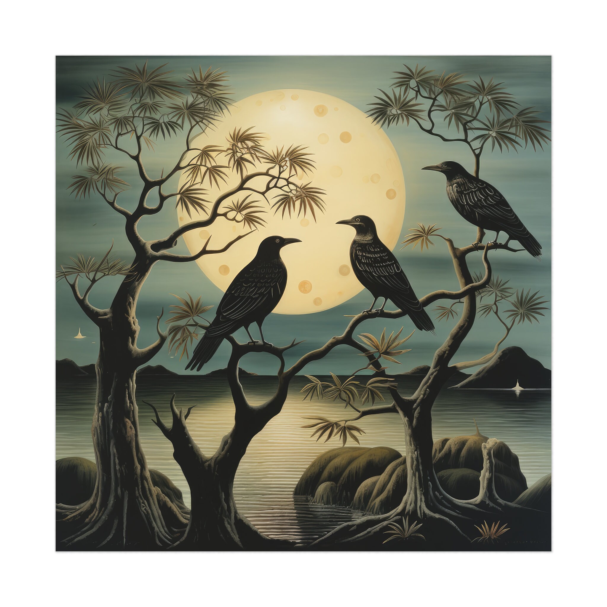 Birds Moon Poster, Birds at Night Art, Moon Art, Night Art, Sage Green ...
