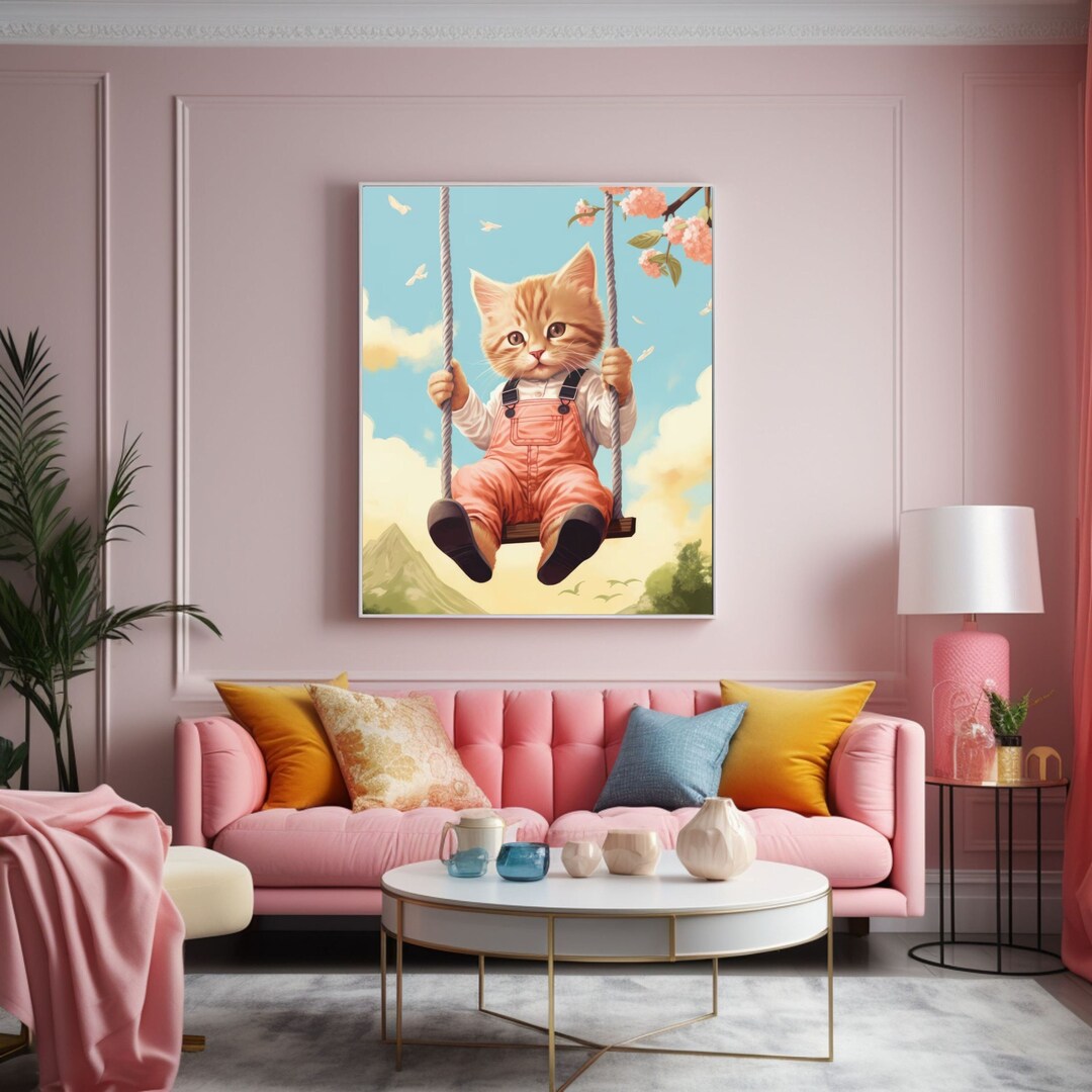 Kitten on a Swing, Cute Cat Wall Art, Kitten Kid - Etsy