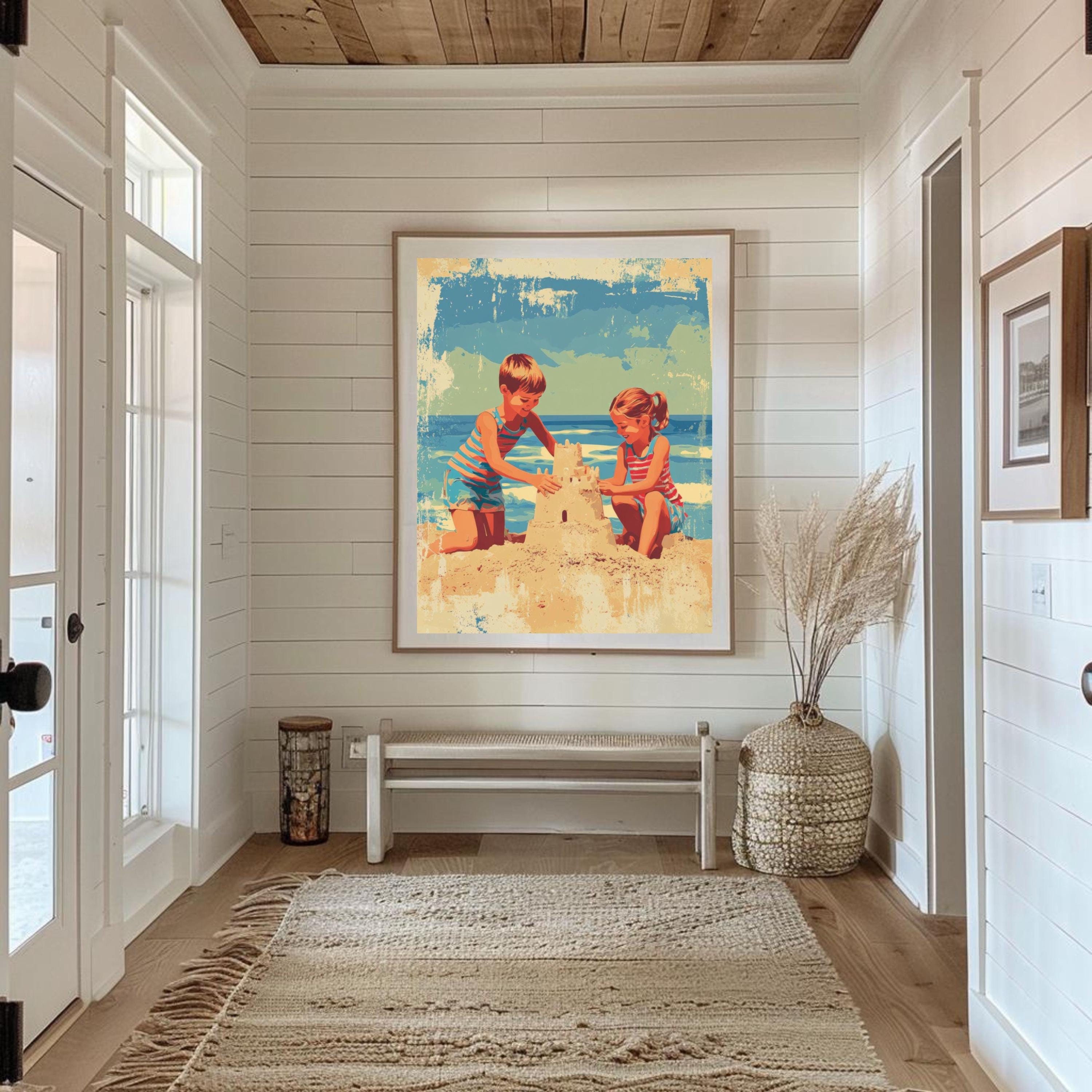 Beach Kids Wall Art, Sand Castle Poster, Retro Beach Wall Art, Beach ...