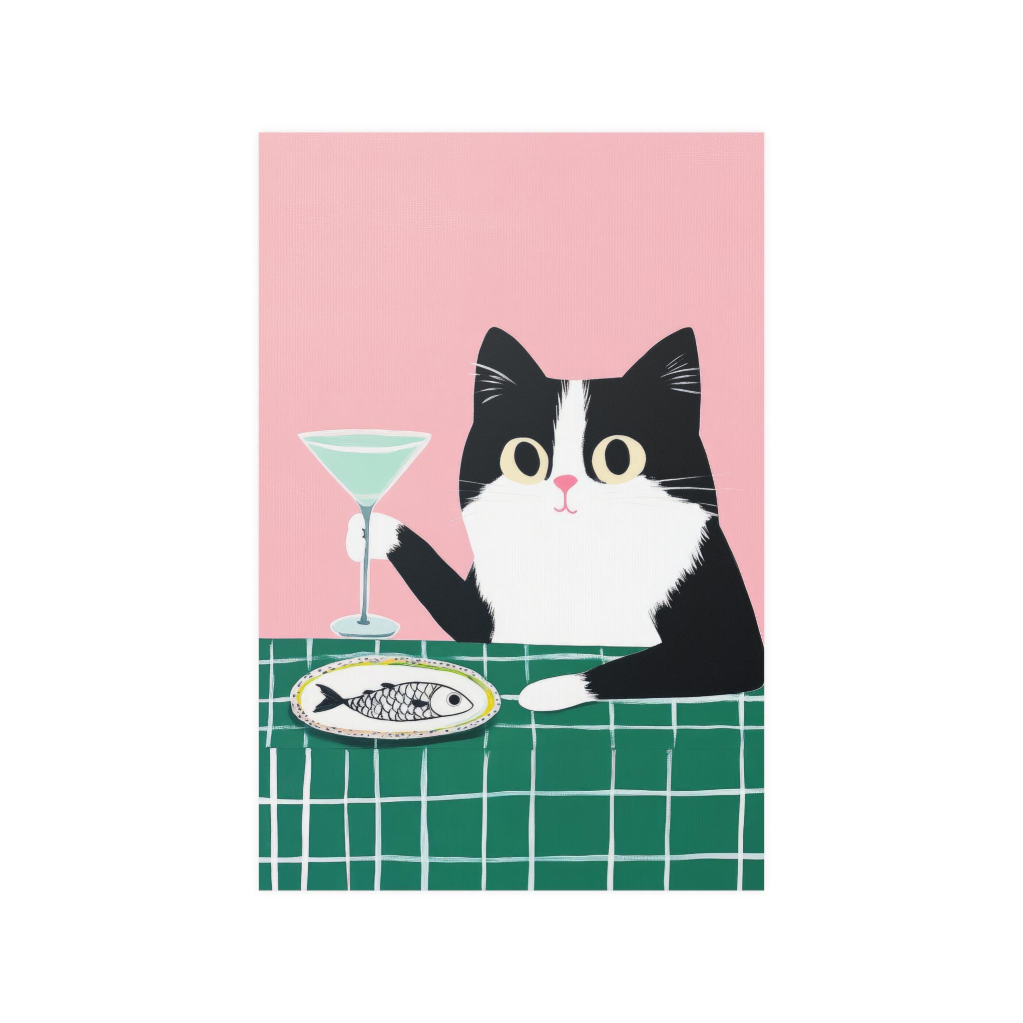 Cute Cat Wall Art Cat With Martini Wall Art Pink and Green Poster ...