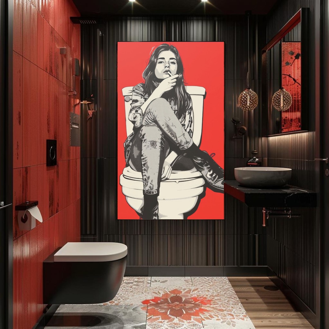 Girl on a Toilet Smoking a Cigarette Wall Art, Smoking Print Toilet ...
