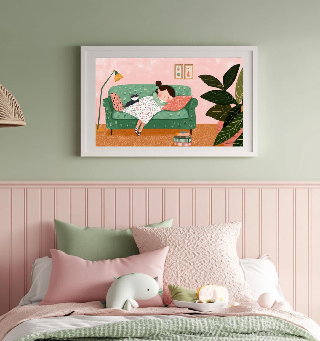 Cozy Home Poster, Sleeping Girl and Her Cat Wall Art | Bedroom Decor ...