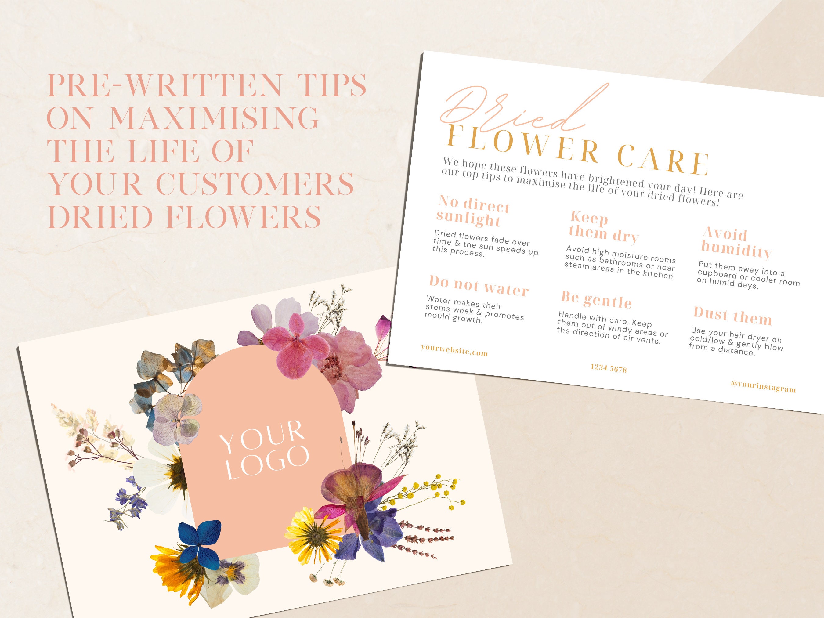 Dried Flower Care Card Canva Template | Printable Florist Insert ...