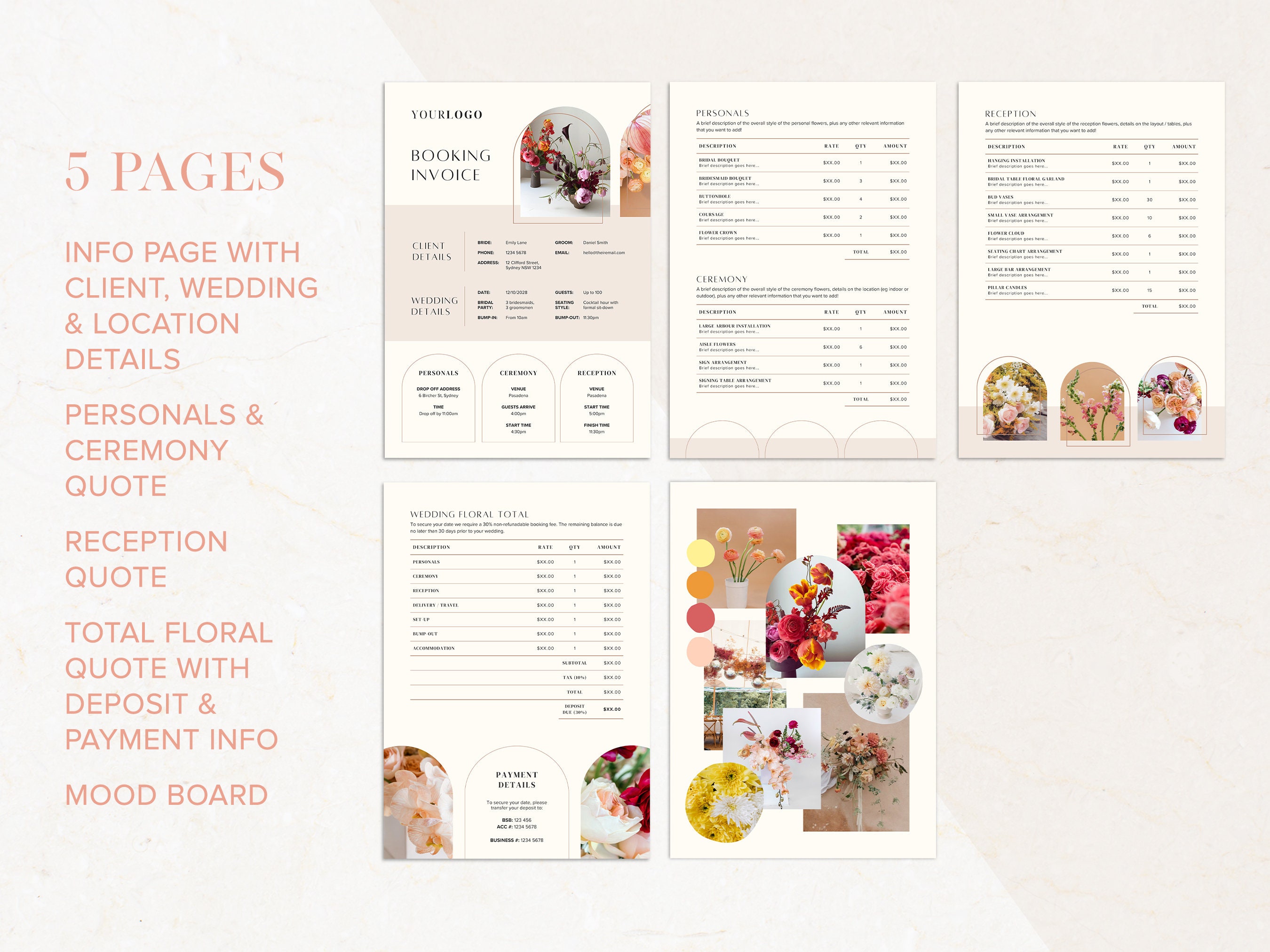 Florist Wedding Invoice Template | Event Floral Design Quote With Mood ...
