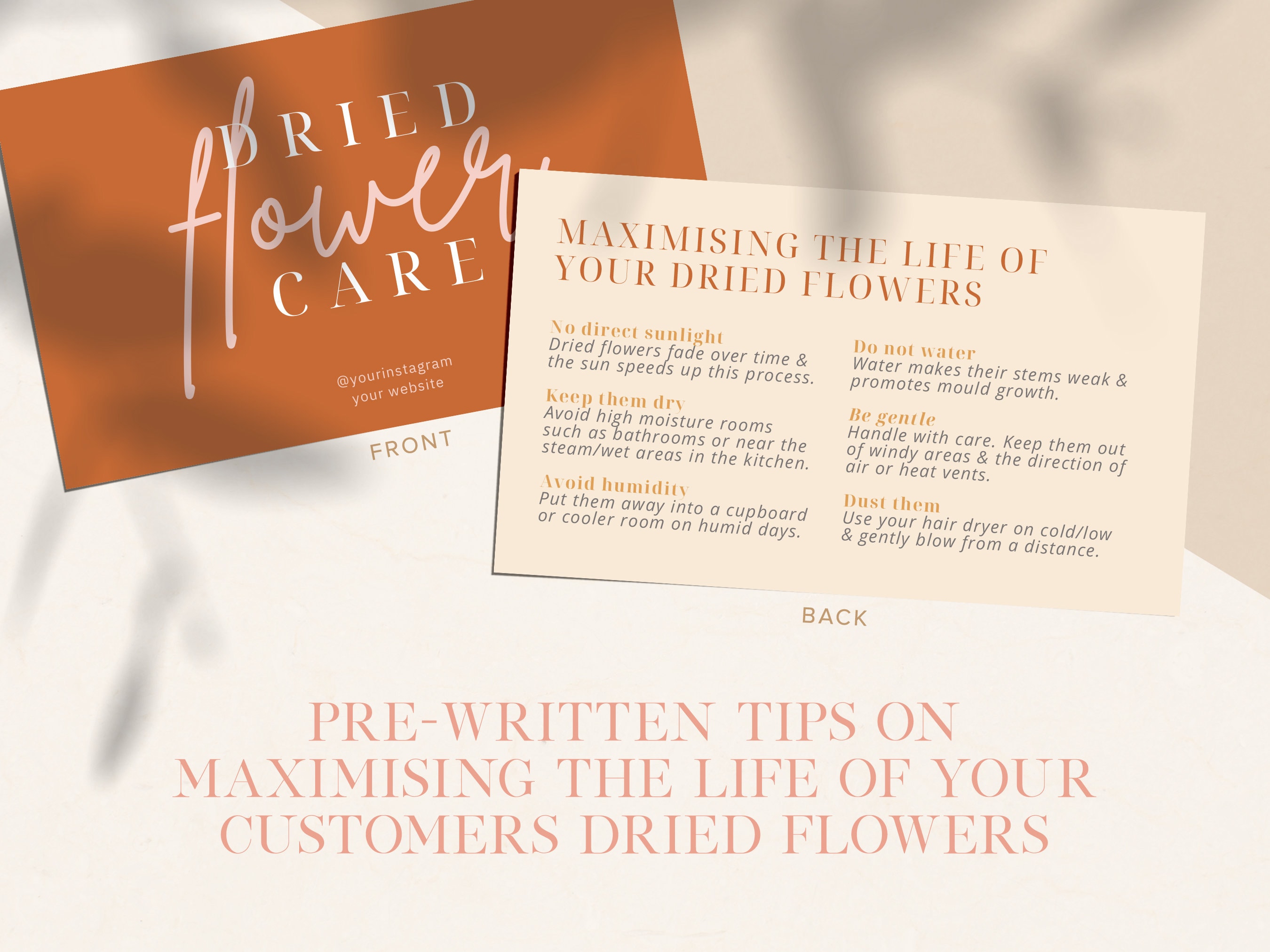 Dried Flower Care Card Canva Template | Printable Florist Insert ...