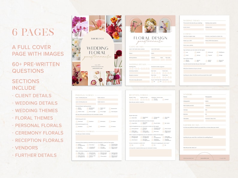 Wedding Florist Questionnaire Template | Luxe 6 Page Client Intake Form ...