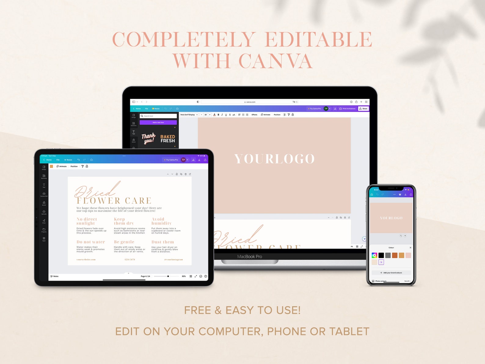 Dried Flower Care Card Canva Template | Printable Florist Insert ...