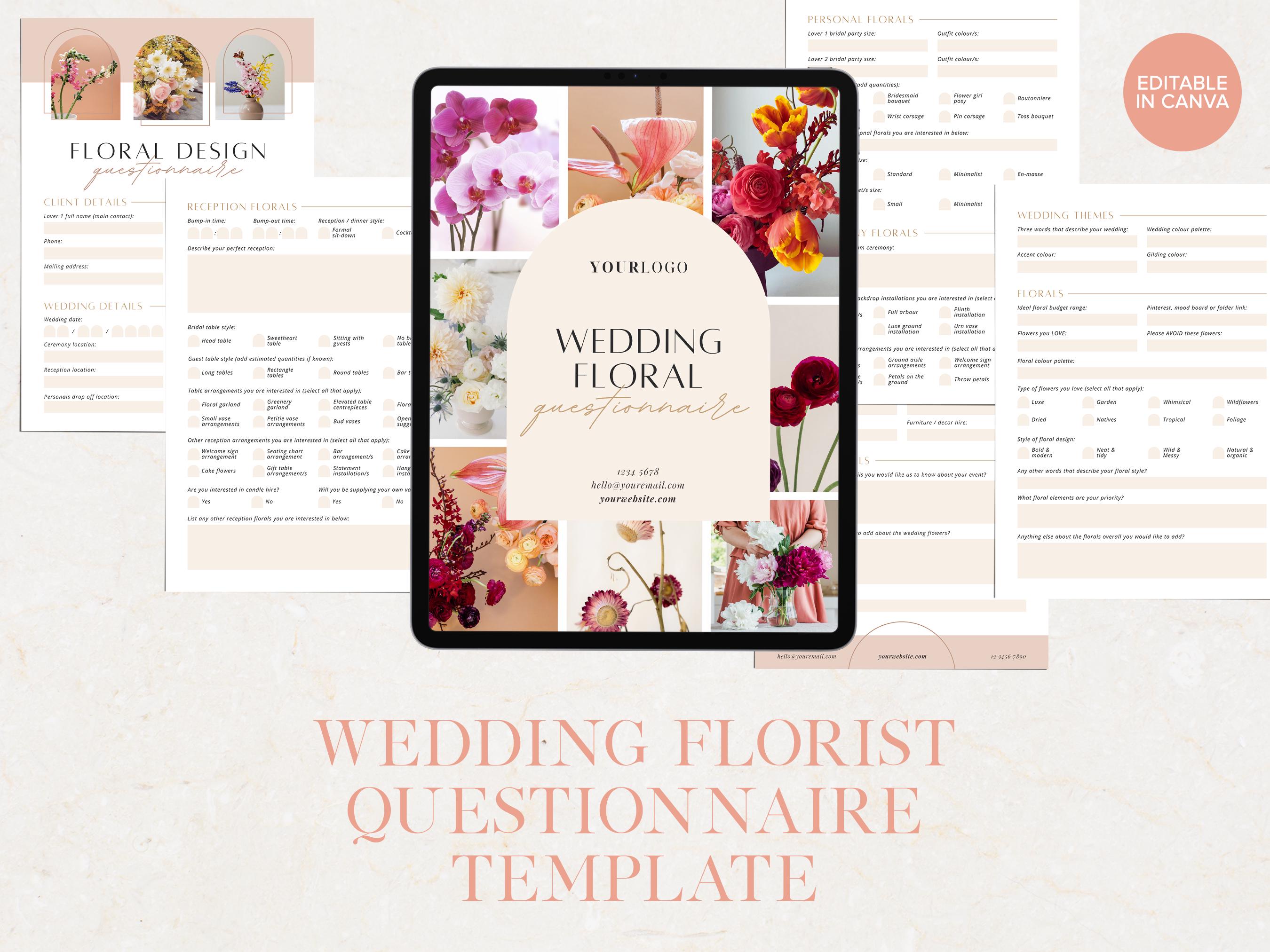 Wedding Florist Questionnaire Template | Luxe 6 Page Client Intake Form ...