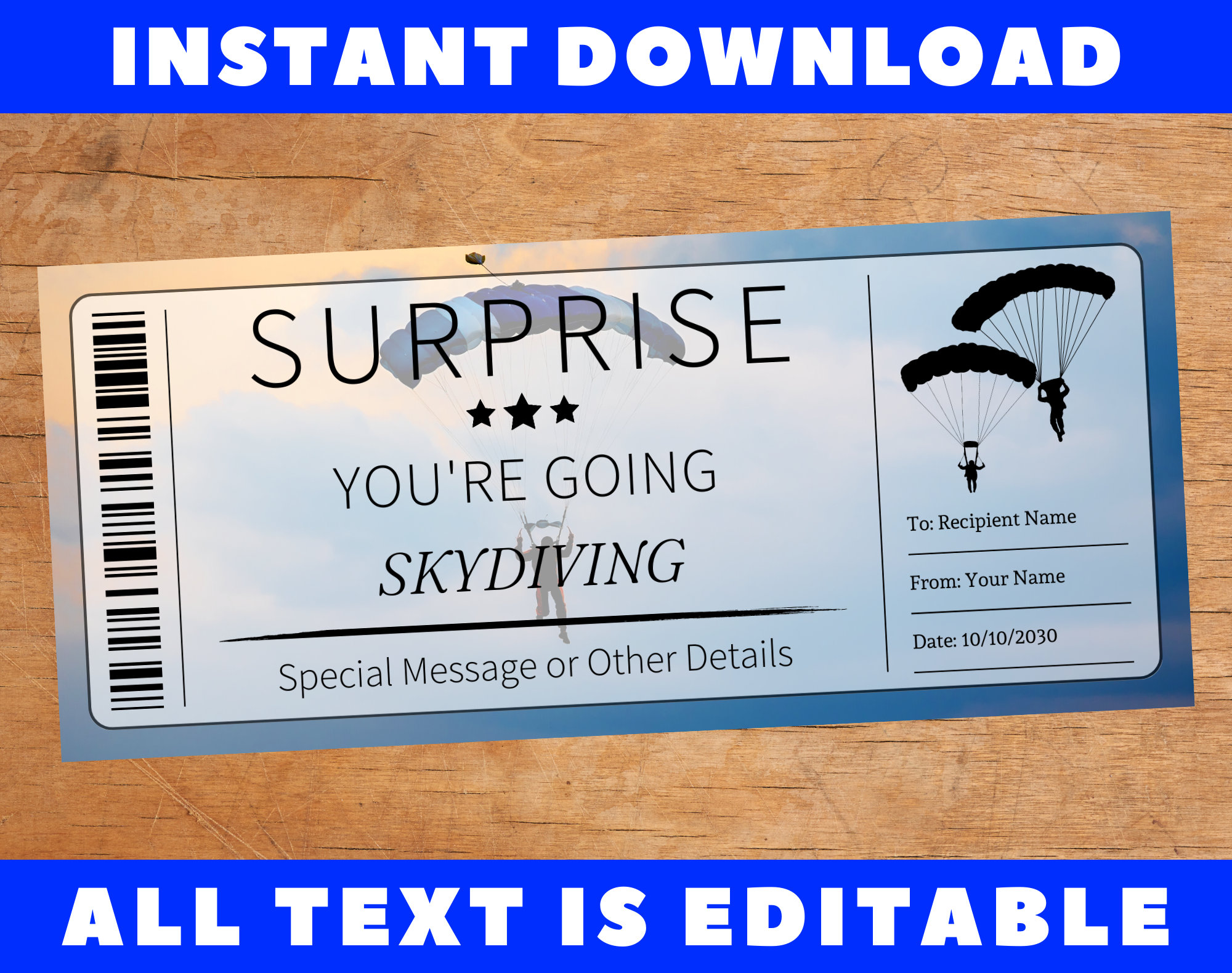 Surprise Skydiving Gift Ticket, Surprise Skydiving Certificate Card ...