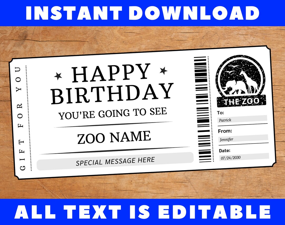 Birthday Zoo Gift Ticket, Birthday Zoo Gift Certificate Card Coupon ...