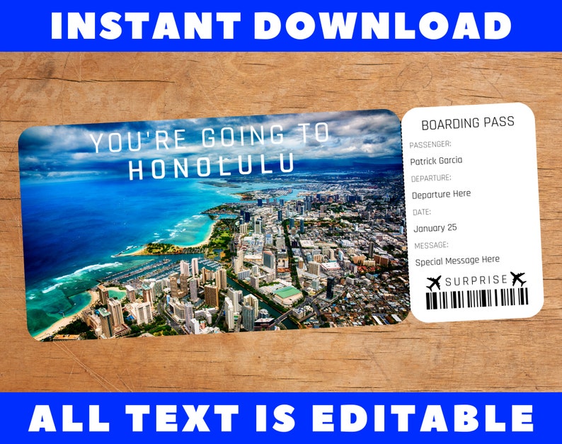Printable Honolulu Boarding Pass Template, Surprise Fake Airplane ...