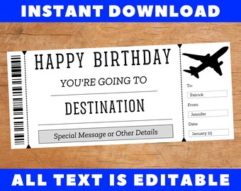 Plane Boarding Pass Birthday Gift Ticket Template Airplane Flight Gift ...
