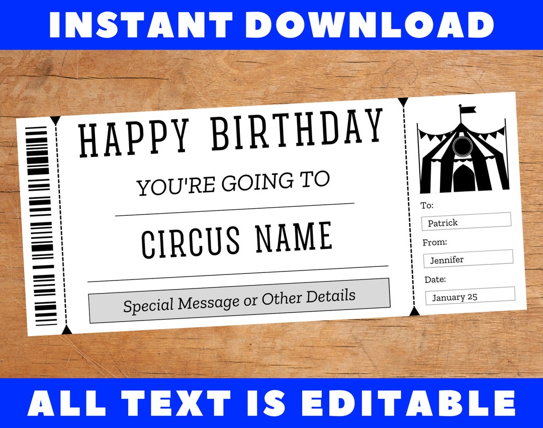 Circus Birthday Gift Ticket Template, Circus Trip Birthday Certificate ...