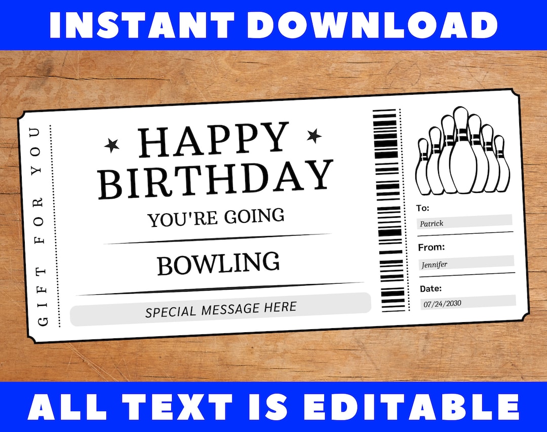 Birthday Bowling Gift Ticket, Birthday Bowling Gift Certificate Card ...