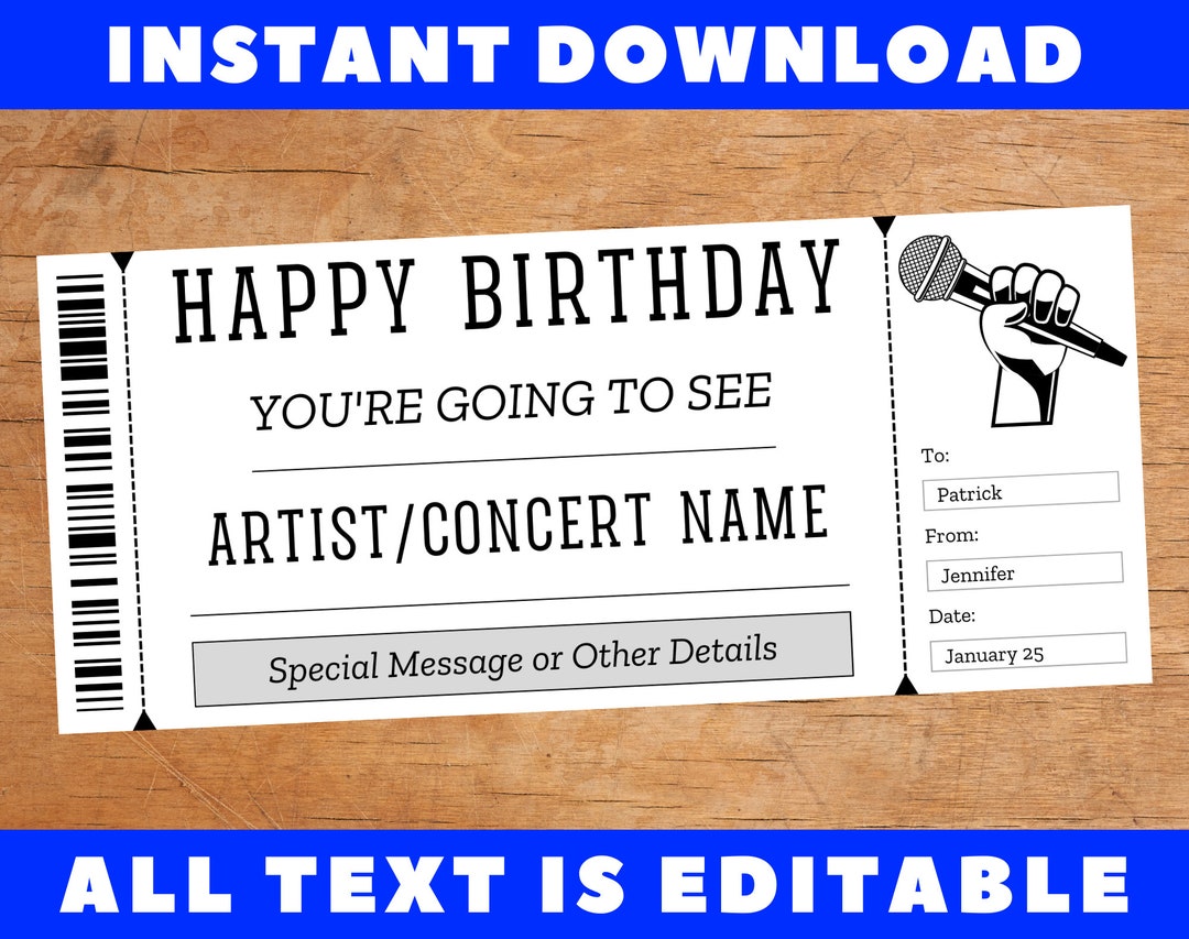 Concert Birthday Gift Ticket Template, Concert Artist Musical Birthday ...
