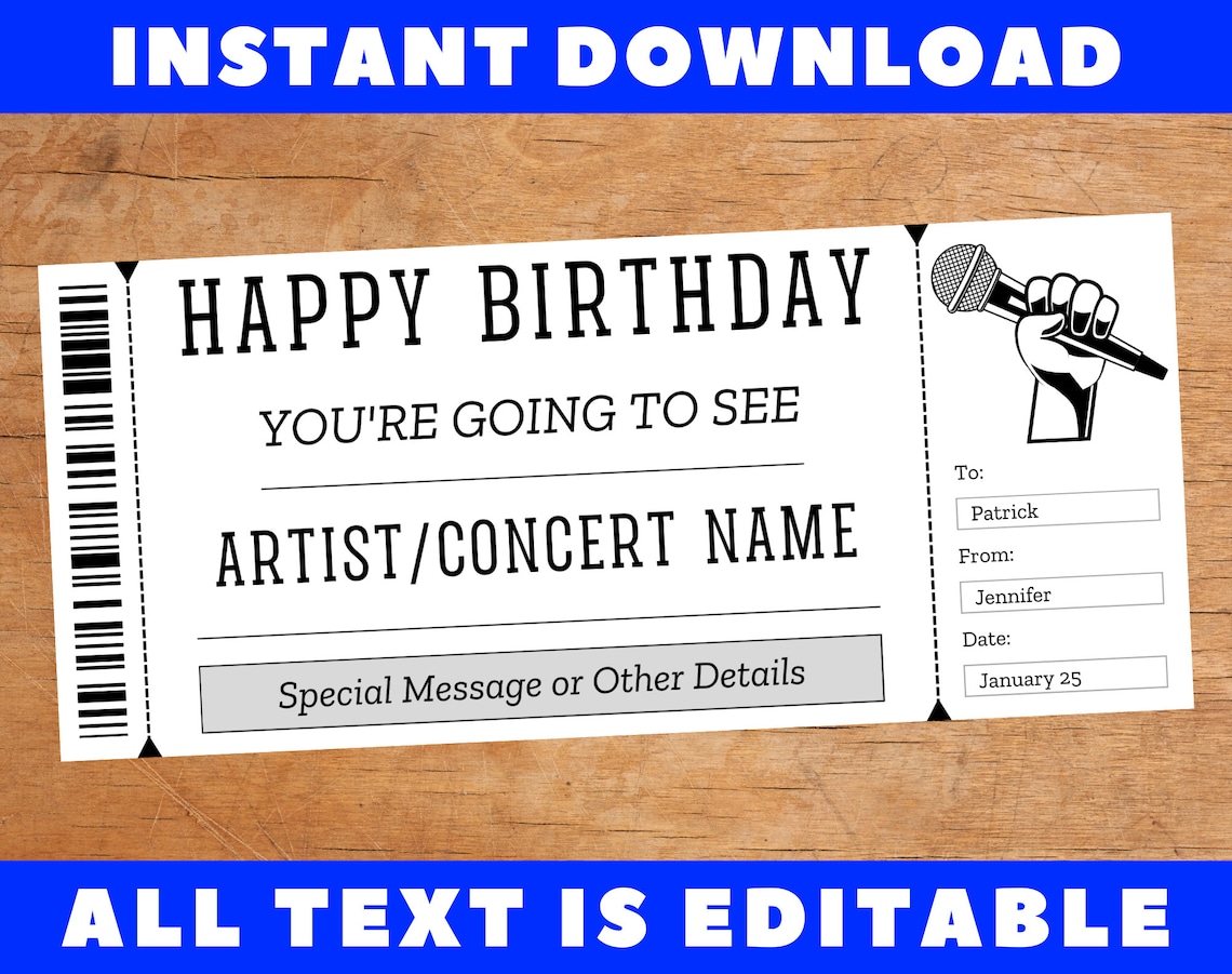 Concert Birthday Gift Ticket Template, Concert Artist Musical Birthday ...
