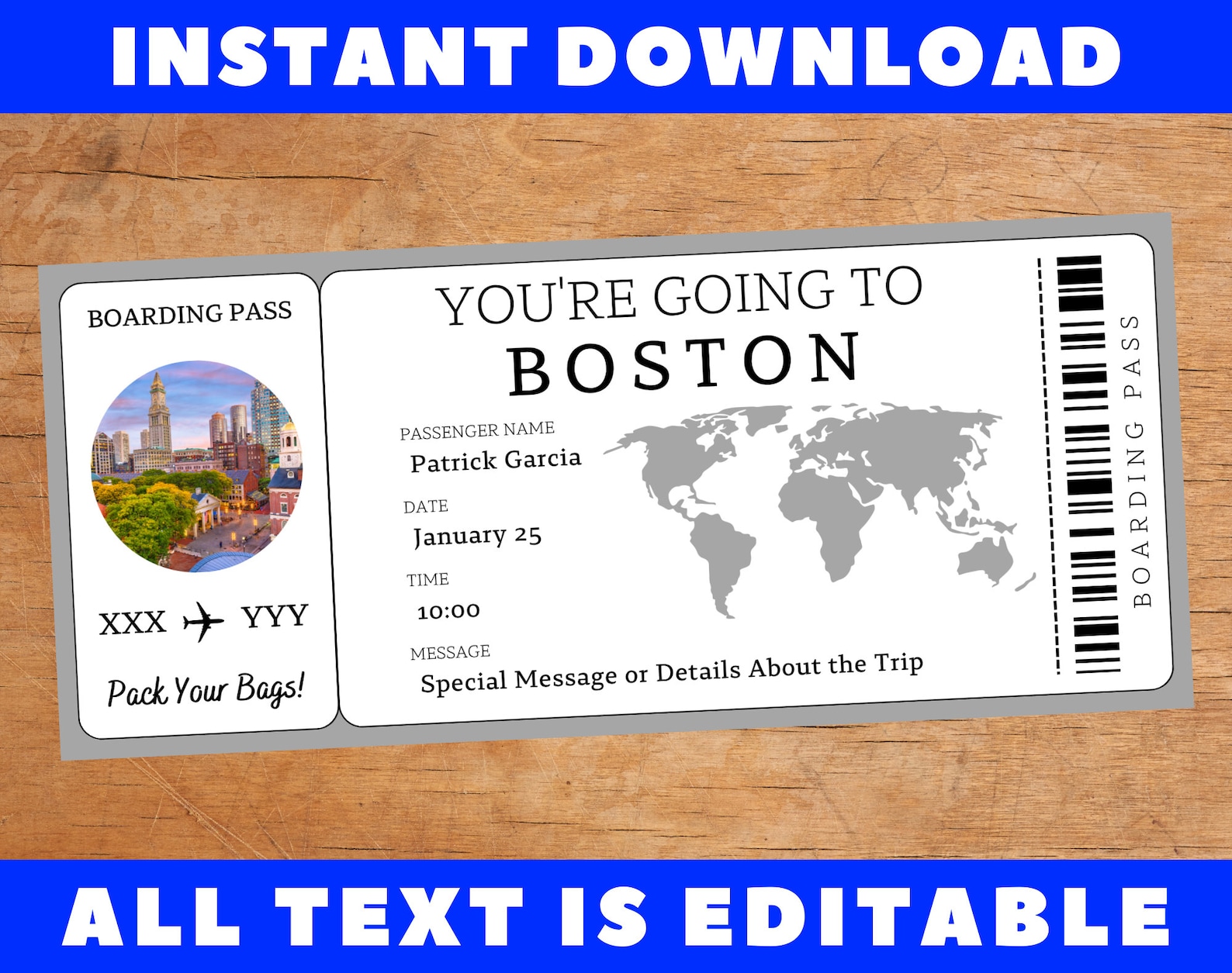 Boston Boarding Pass Ticket Template, Surprise Gift Airline Airplane ...