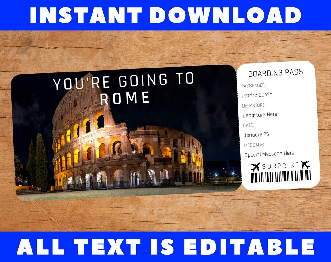 Printable Rome Boarding Pass Template, Surprise Fake Airplane Airline ...