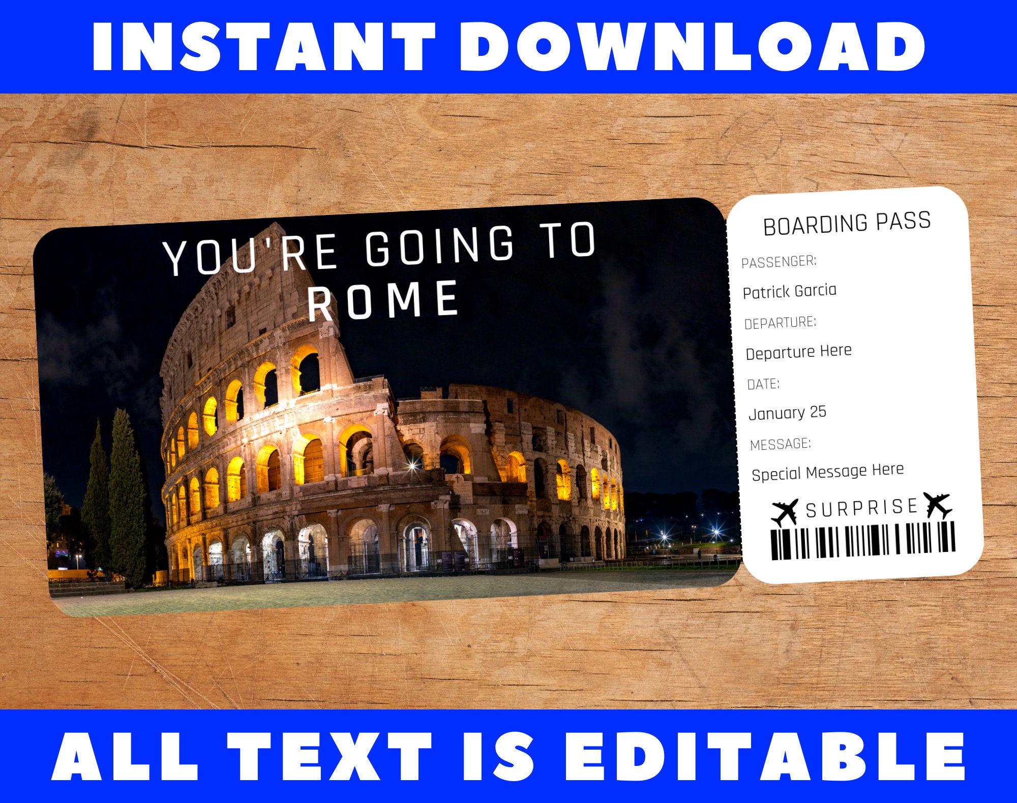 Printable Rome Boarding Pass Template, Surprise Fake Airplane Airline ...