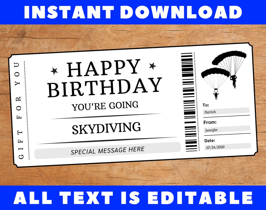 Birthday Skydiving Gift Ticket, Birthday Skydiving Gift Certificate ...