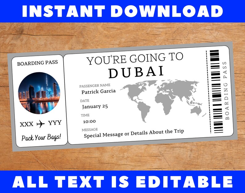 Dubai Boarding Pass Ticket Template, Surprise Gift Airline Airplane ...