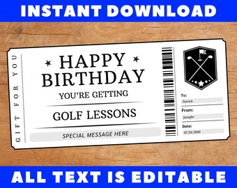 Golf Lessons Surprise Gift Ticket Template Golf Lessons Gift Card ...