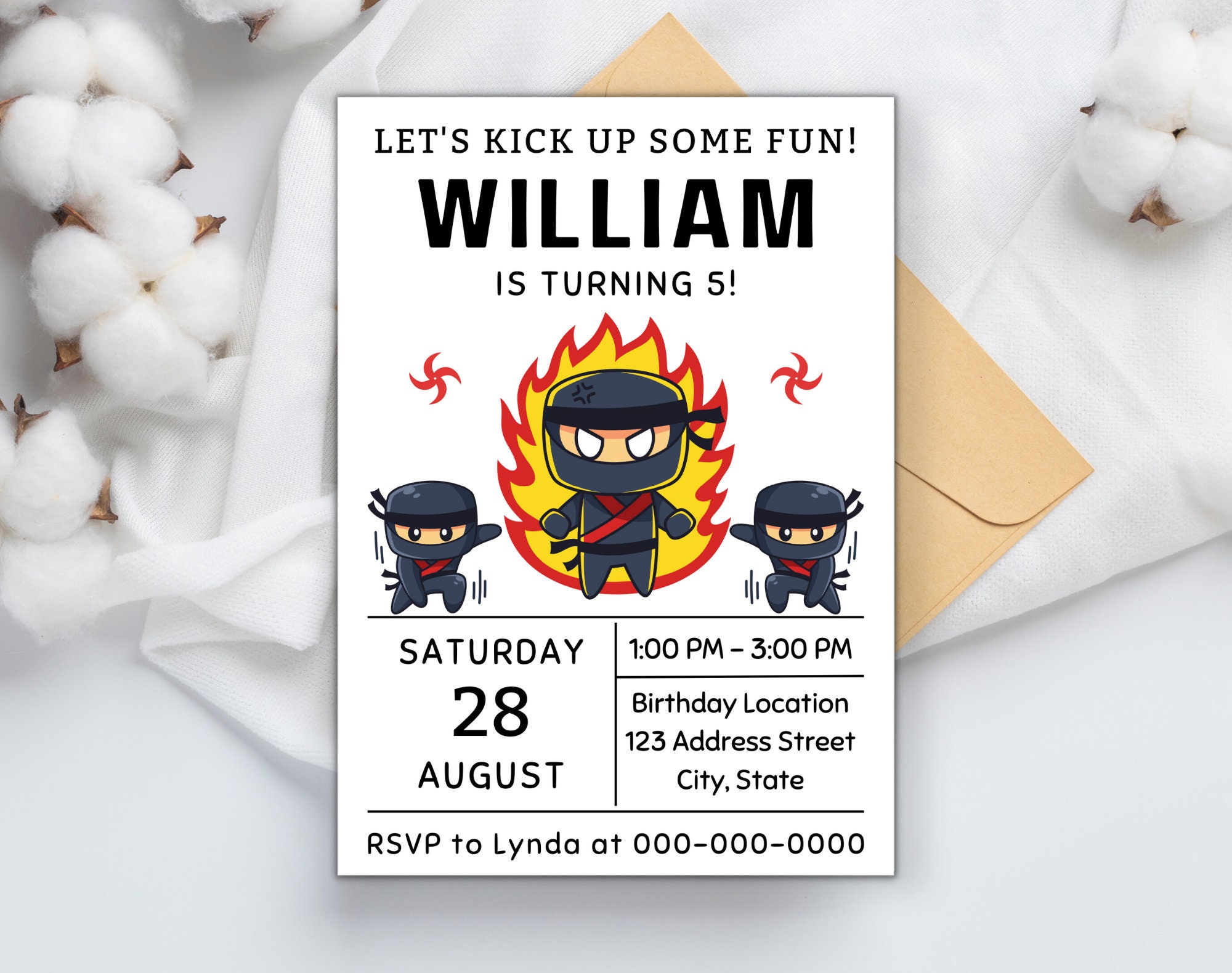 Minimalist Ninja Birthday Invitation Template Ninja Birthday Invite ...