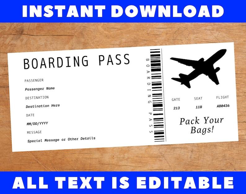Printable Plane Airplane Boarding Pass Template Surprise Flight Ticket ...