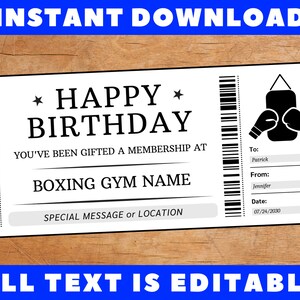 Birthday Boxing Membership Gift Ticket, Birthday Gym Pass Gift ...
